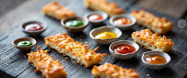 Crispy Cheese Sticks with Assorted Sauces on a Dark Rustic Surface ...