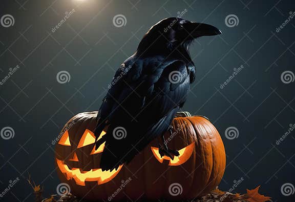 Crow on a Jack o lantern stock illustration. Illustration of birds - 328196454