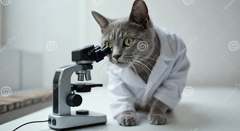 AI-generated Cute Gray Cat in a Lab Coat Looking through a Microscope ...