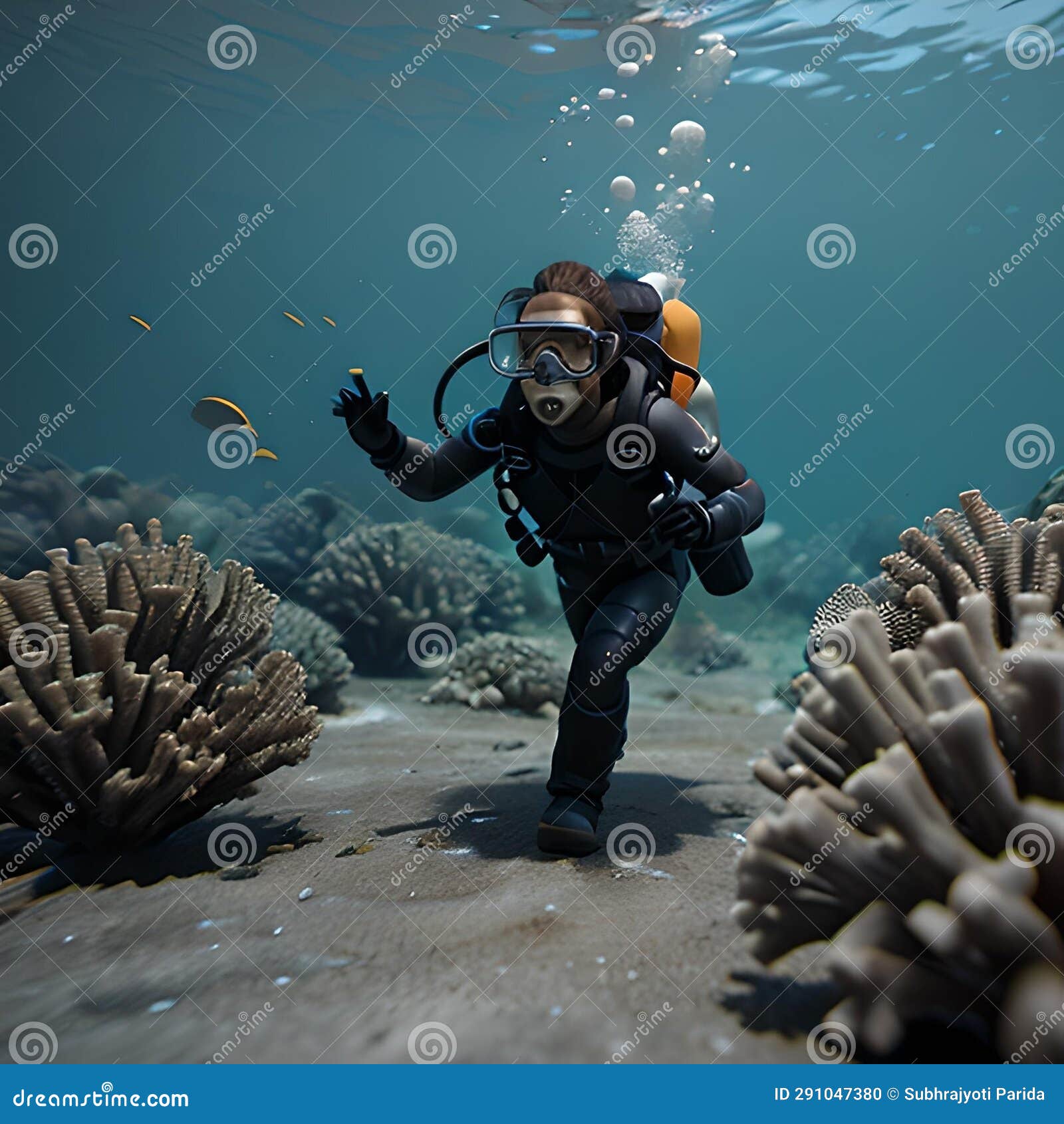 AI Generated 3D Image of a Scuba Diver in Deep Sea Stock Illustration ...