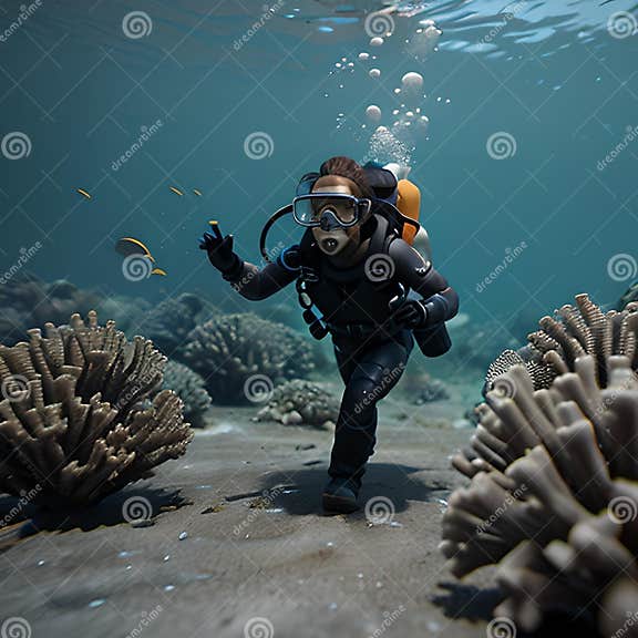 AI Generated 3D Image of a Scuba Diver in Deep Sea Stock Illustration ...