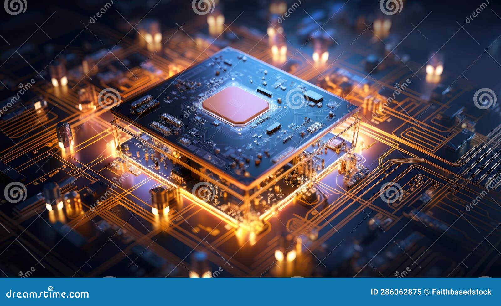 3d Rendering of Cpu in Circuit Board. Computer Technology Concept Stock Illustration ...