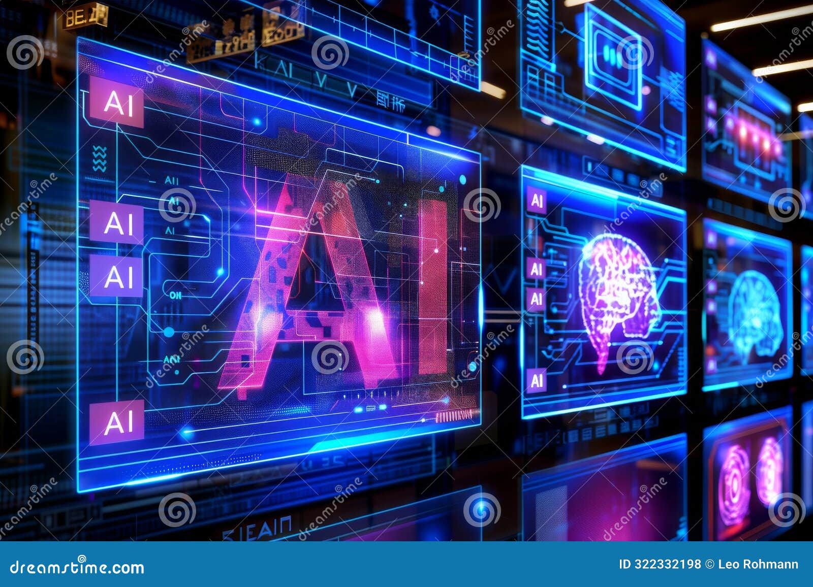 AI Data Screens with Glowing Interface, Advanced Artificial ...