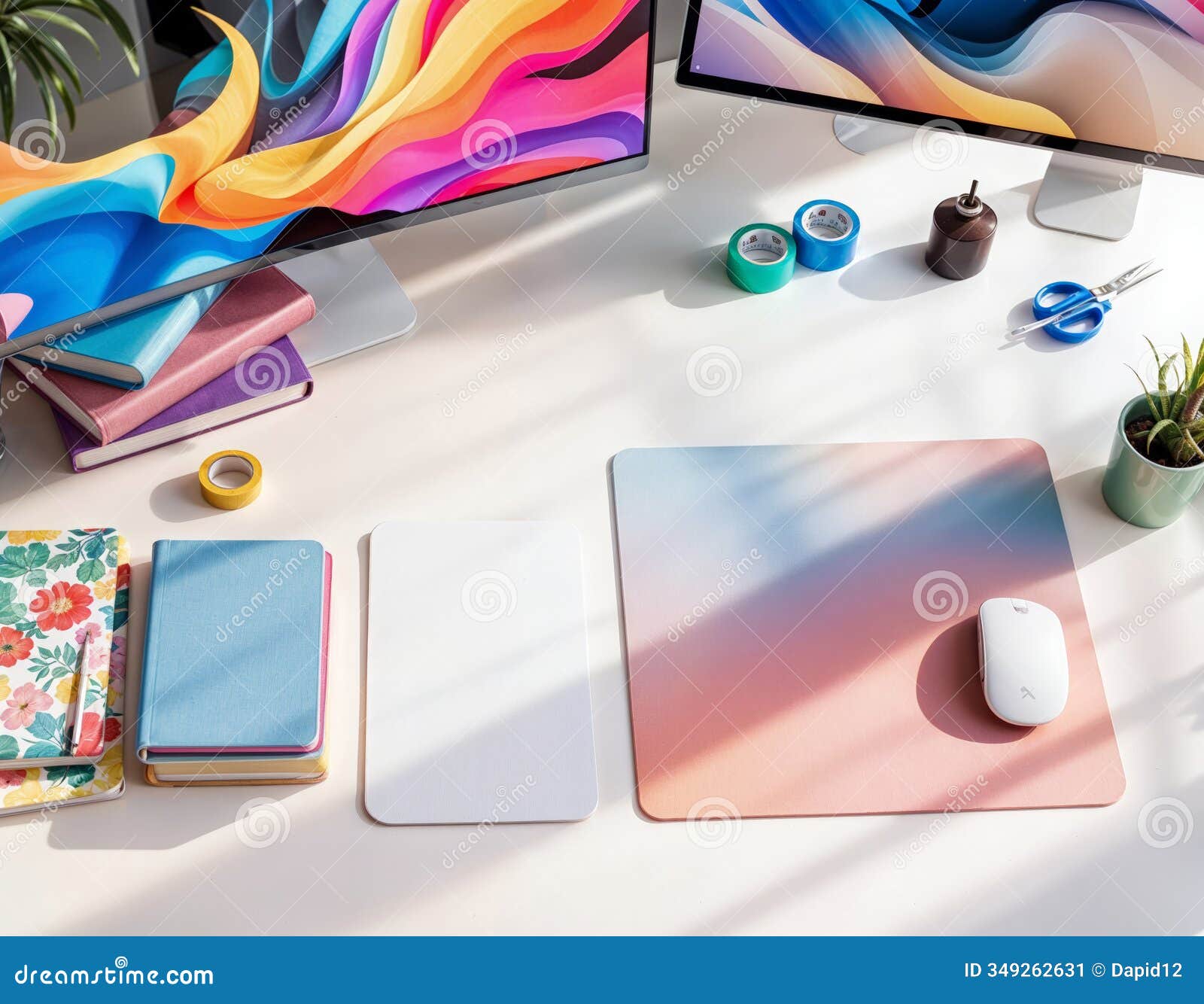 A Desk with a Computers, Mouse, and Other Office Items on the White ...