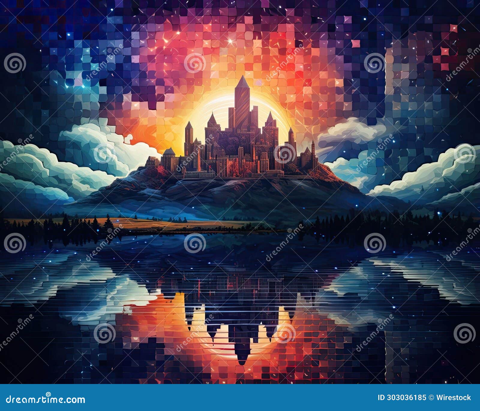 AI-Generated Digital Castle Merging Day and Night with Pixelated Sun ...