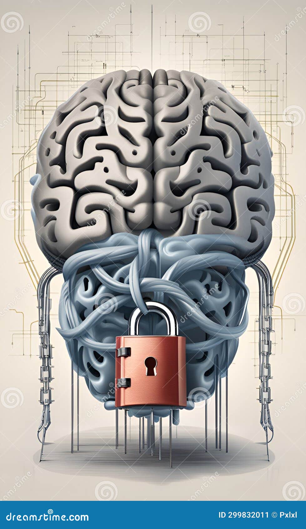 AI Generated Digital Illustration of a Brain with a Padlock in Front of ...