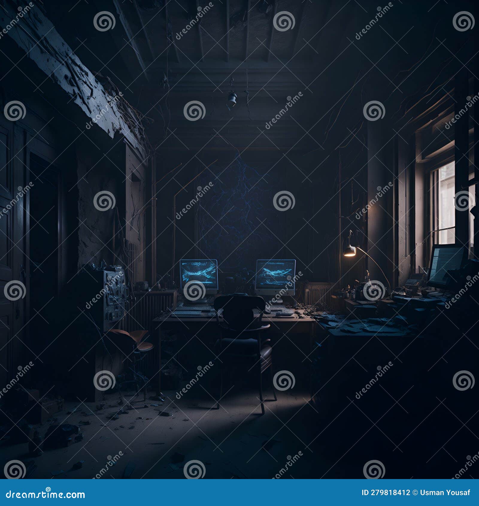 A Dark Room with Two Computers on a Desk Stock Illustration ... A Dark Room with Two Computers on a Desk Stock Illustration ...