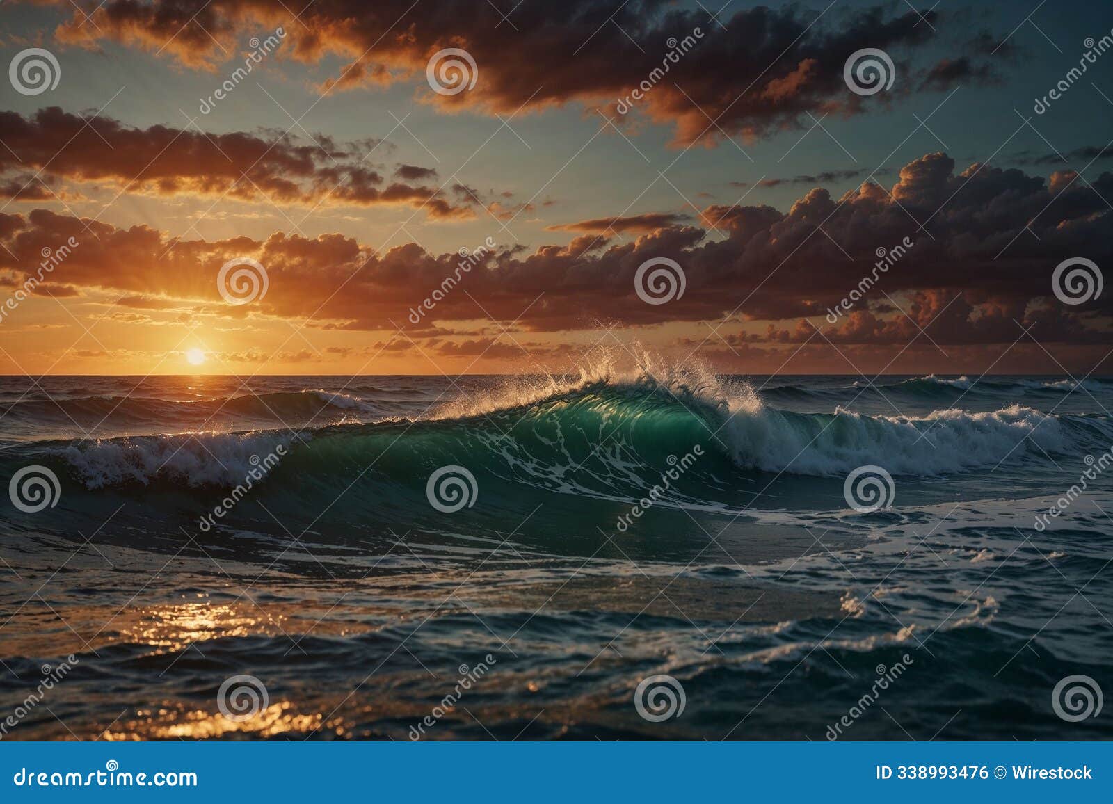 Dramatic Ocean Waves at Sunset. Stock Illustration - Illustration of ...