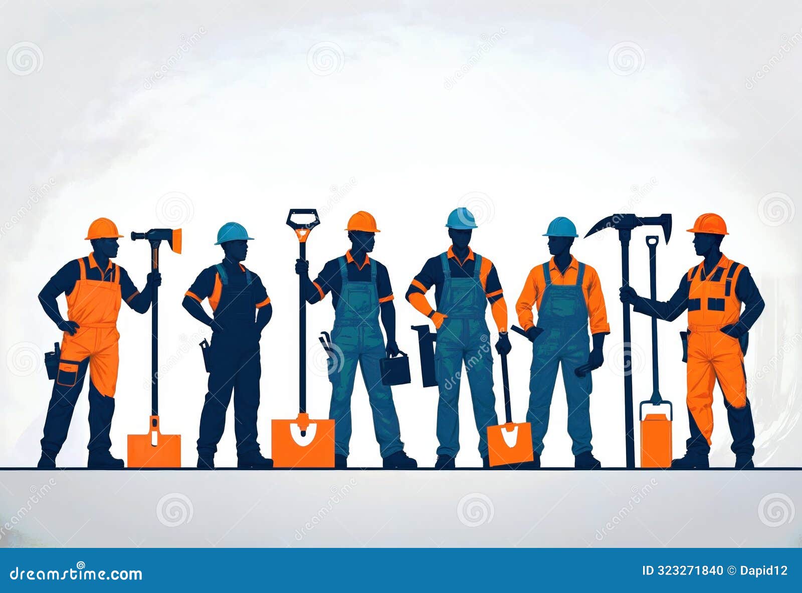 A Drawing of a Group of Workers with Orange and Blue Hard Helmet and ...