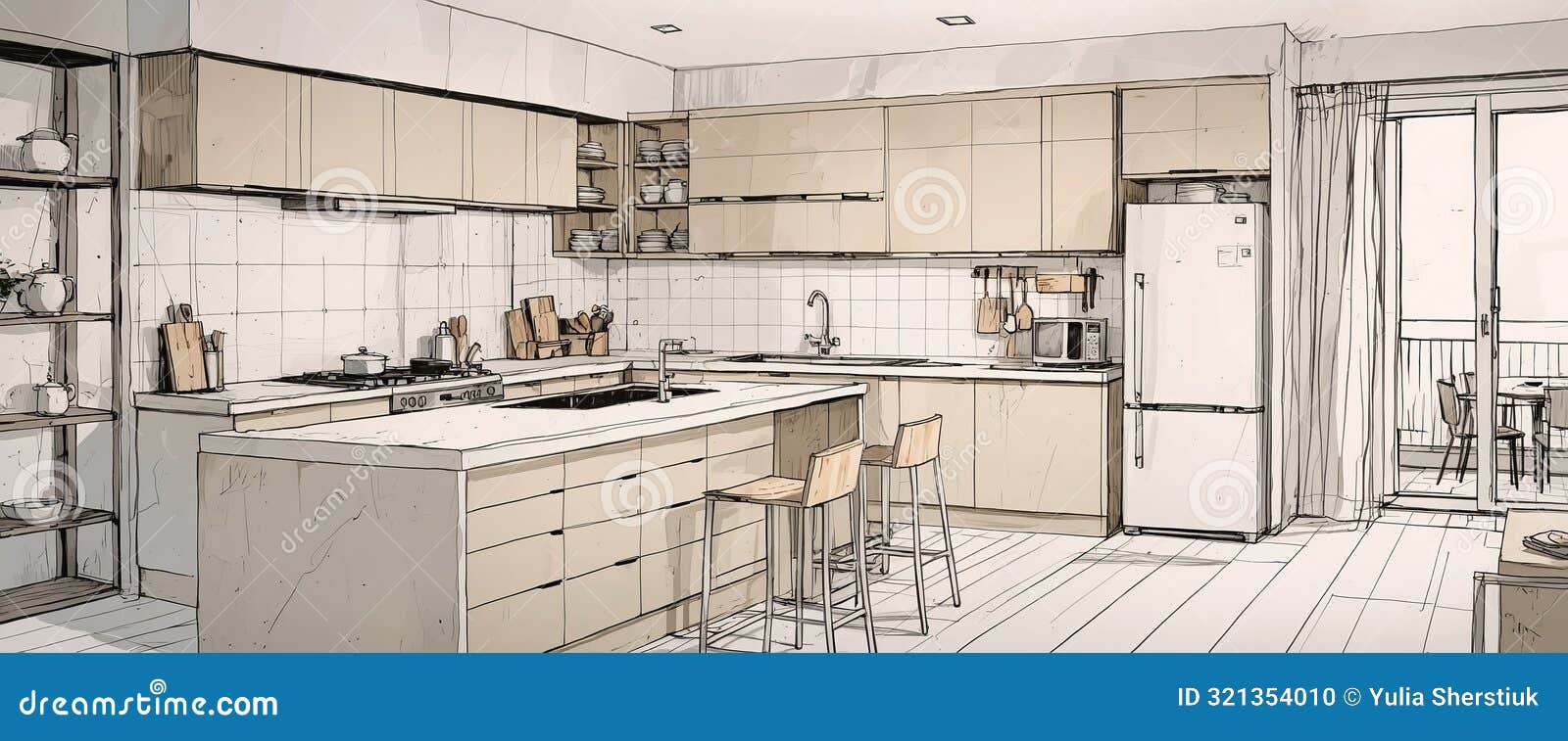 Drawing Renovation of a Open Modern Kitchen. Anime Style Stock Photo ...