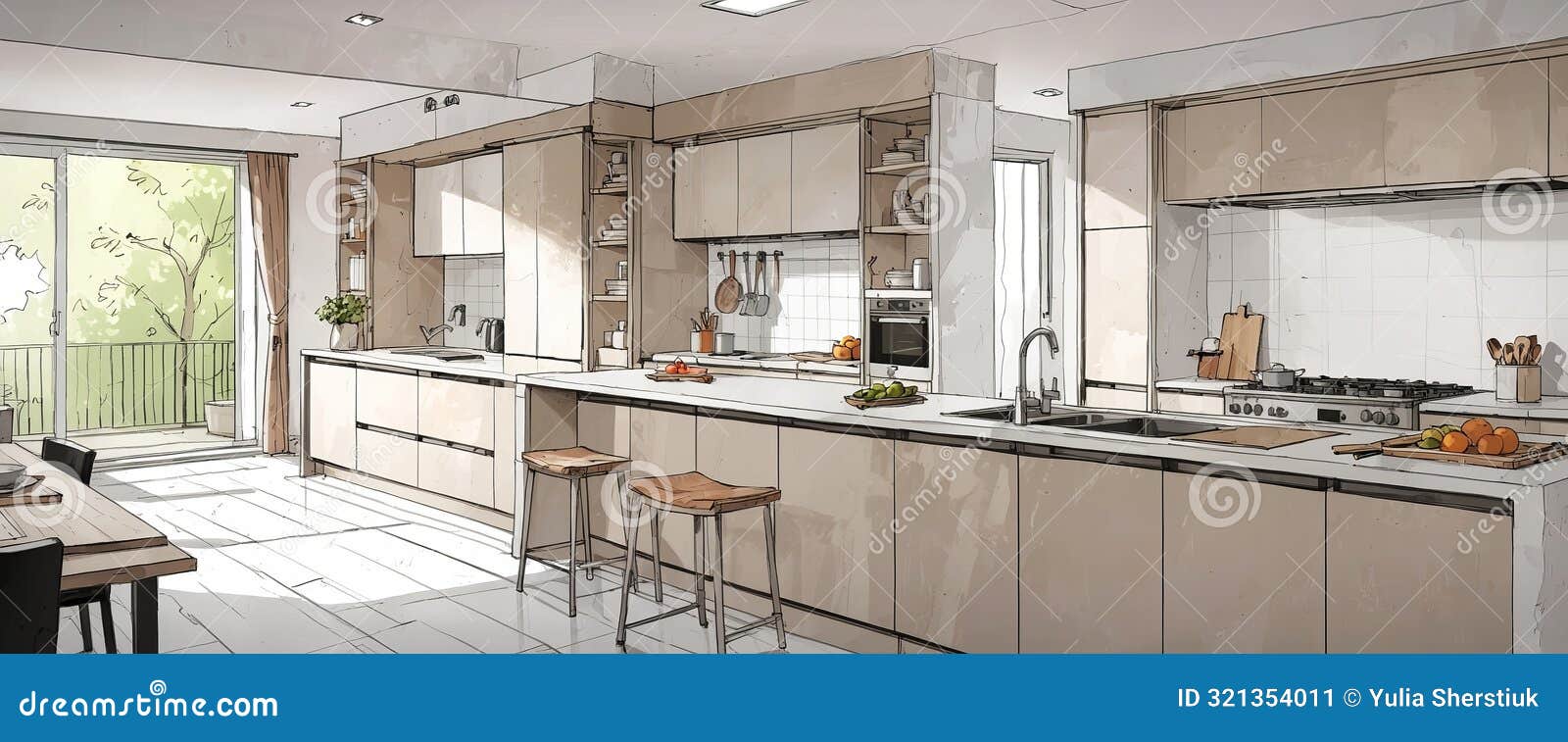 Drawing Renovation of a Open Modern Kitchen. Anime Style Stock Image ...