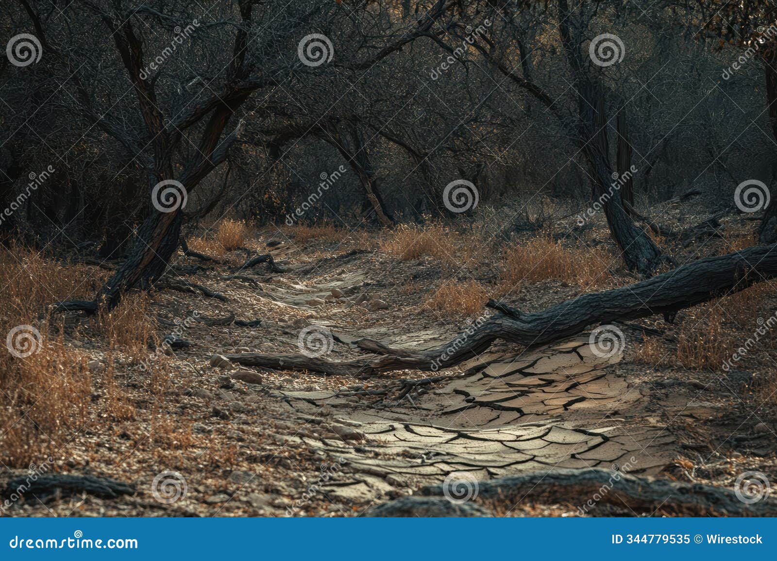 A Cracked, Dry Riverbed Under A Cloudy Sky, Symbolizing Drought And ...