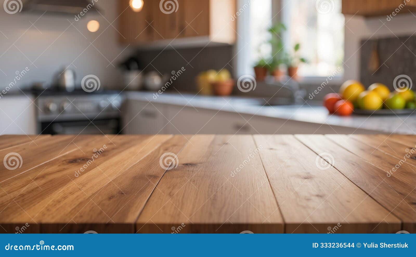 Empty Wood Table with Blurry Kitchen in Background. Stock Illustration ...