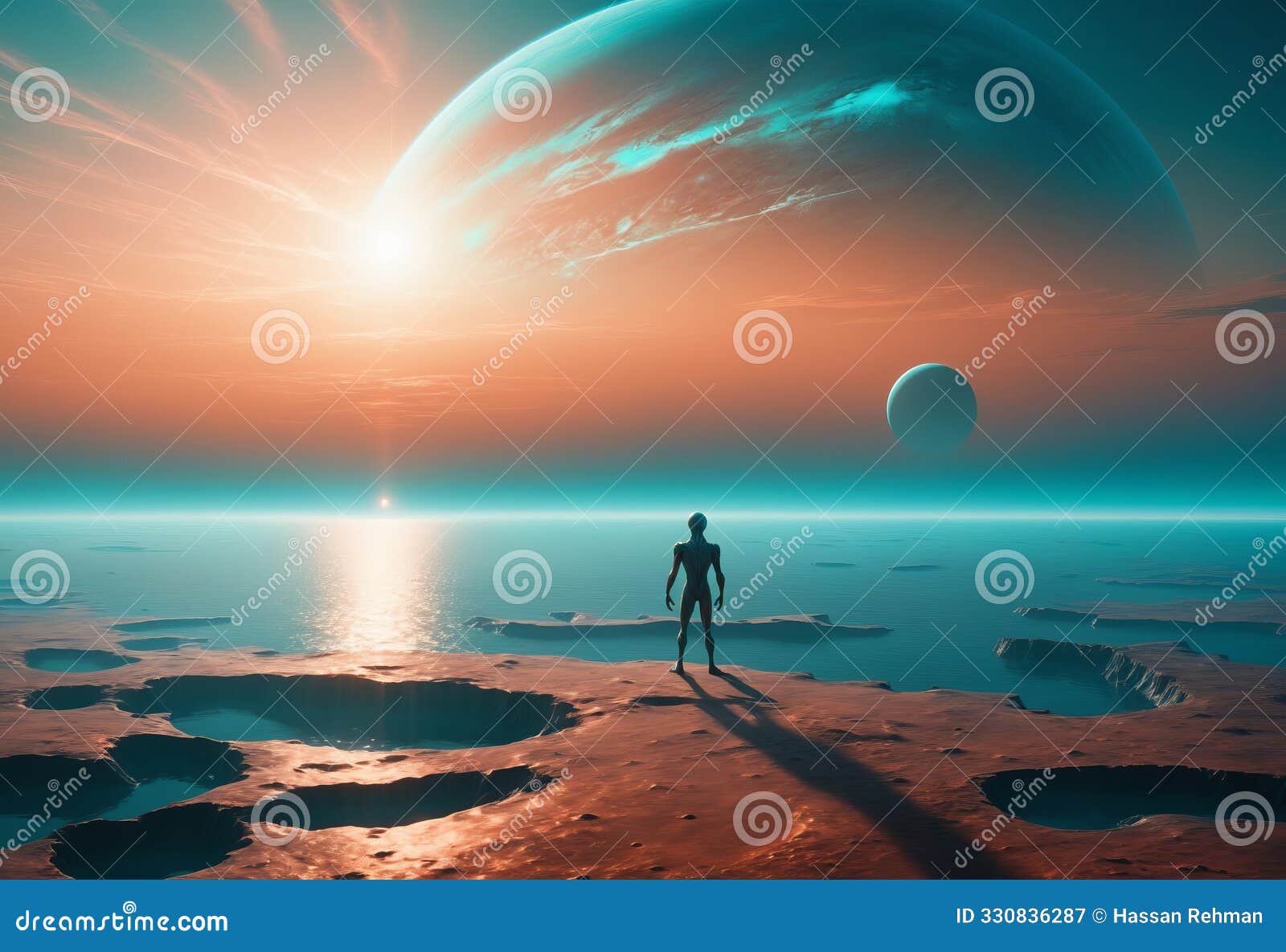 A Fantasy Sci-fi Scene of the Sun Rising on a Distant Planet with Water ...
