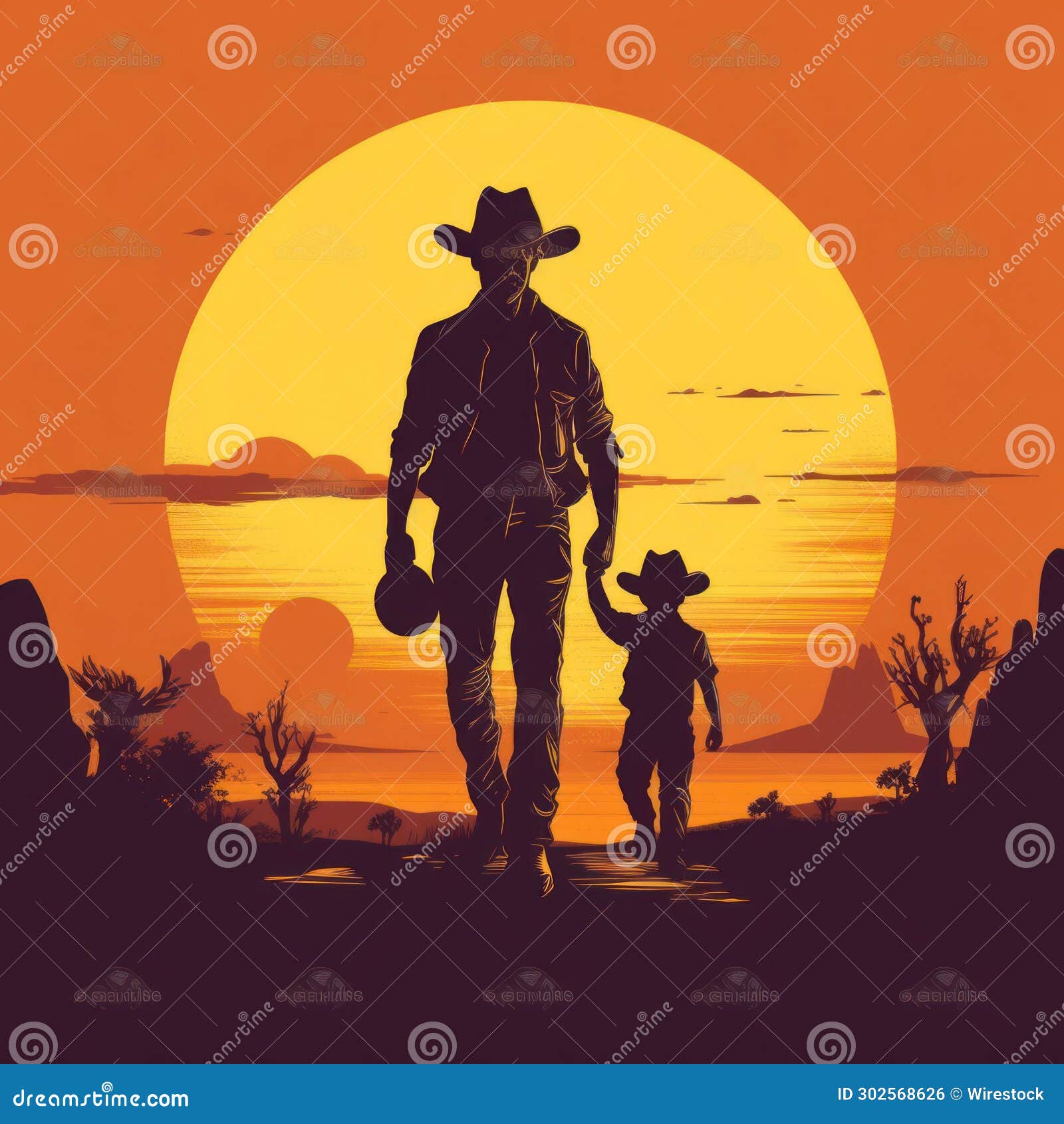 AI Generated Father and Son Walking at Sunset Stock Illustration ...