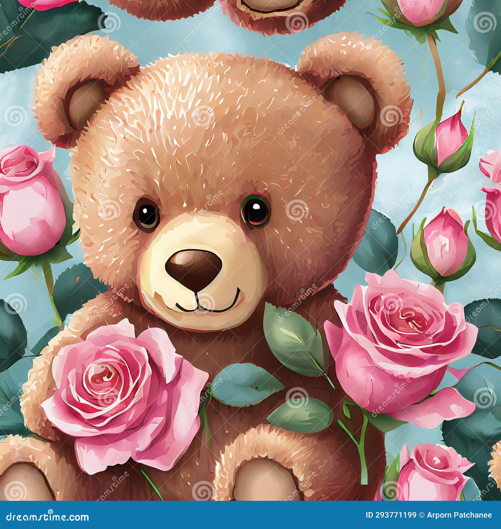 AI Generated Firefly Teddy Bear and Pink Rose Seamless Pattern Stock ...