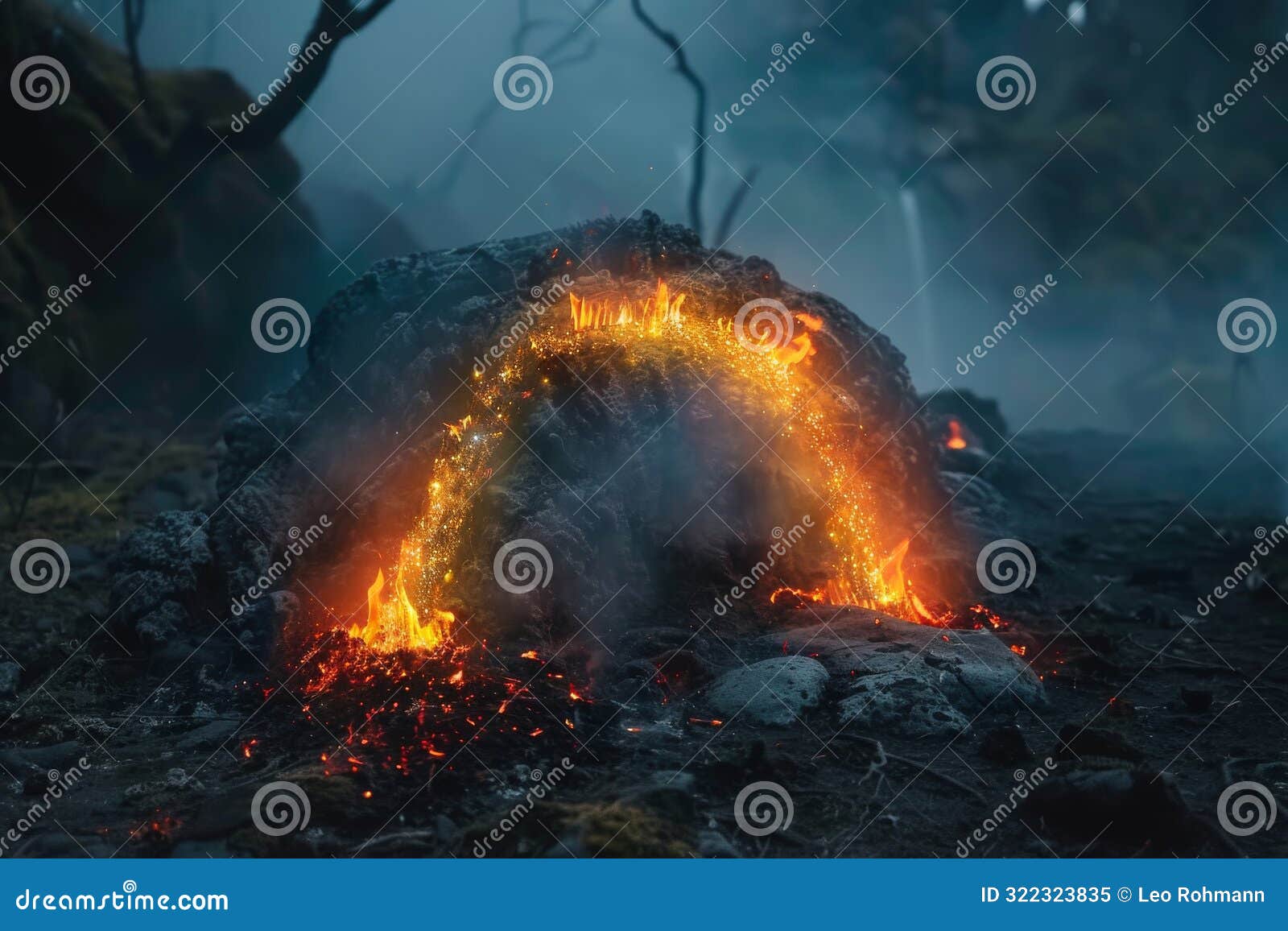 Flaming Rainbow Arch in Forest, Creating a Dramatic and Surreal Visual ...
