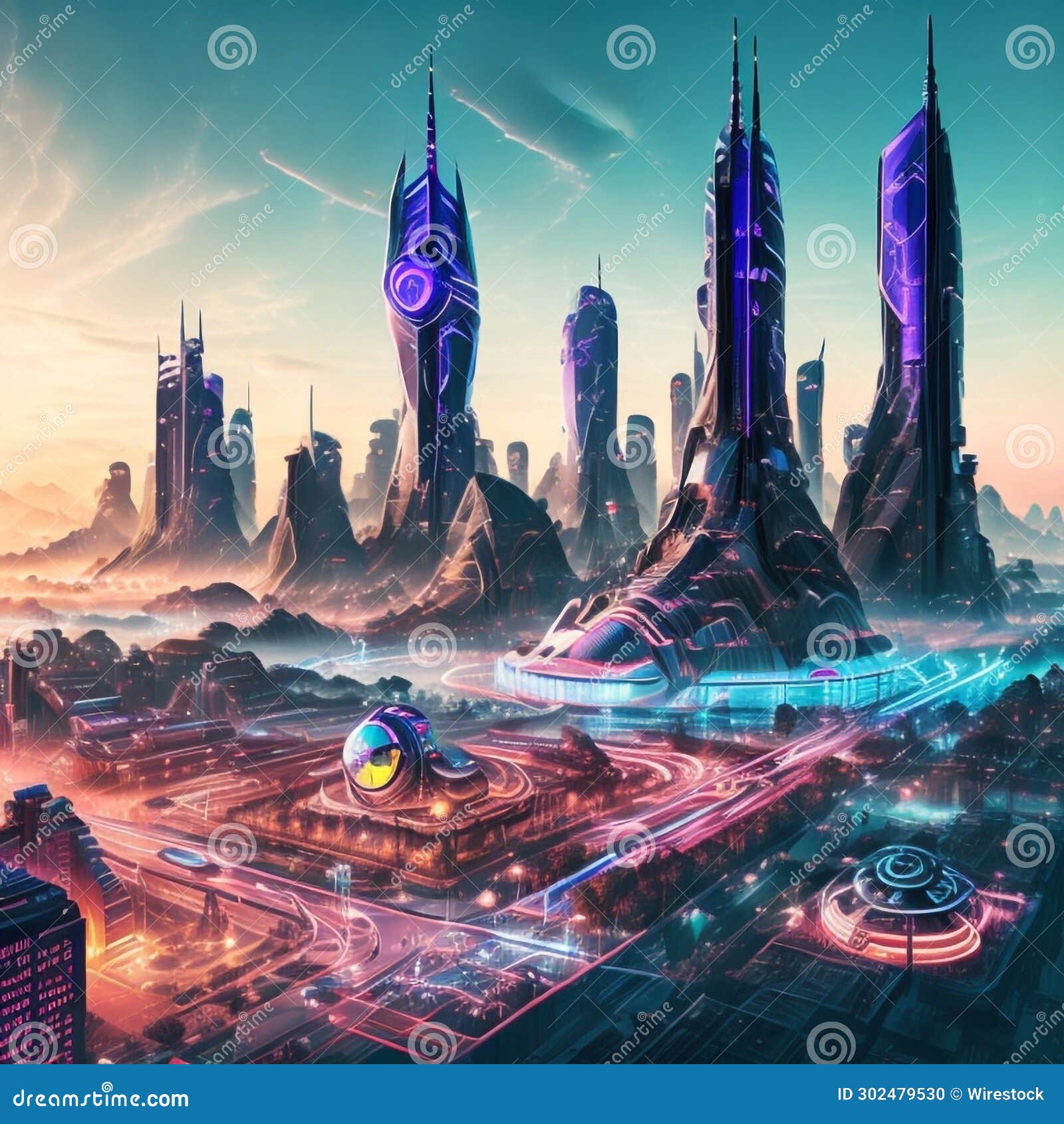 AI Generated Futuristic Cityscape Surrounded by Buildings Stock ...