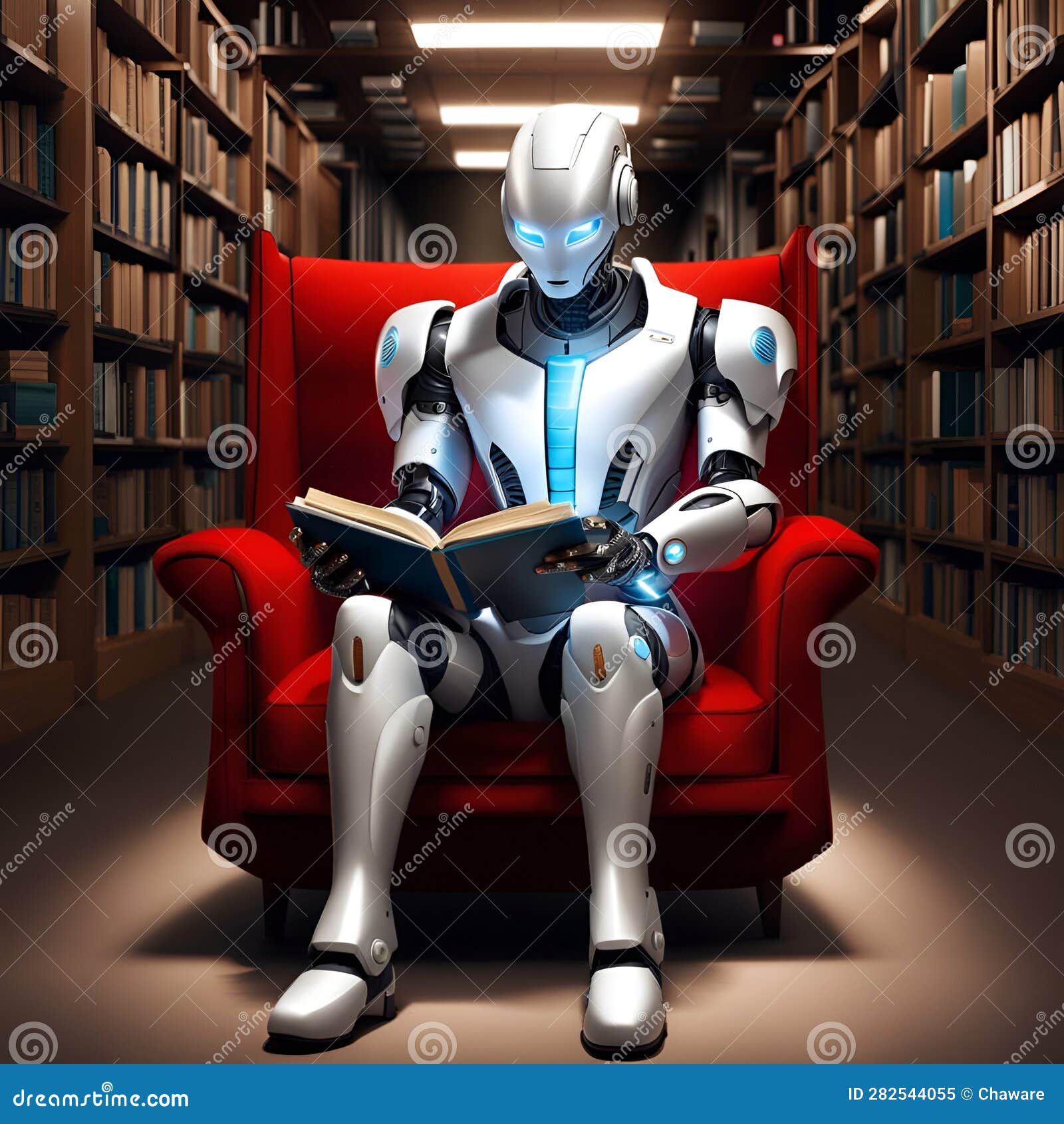 AI Generated Futuristic Cyborg Reading in Library Stock Illustration ...