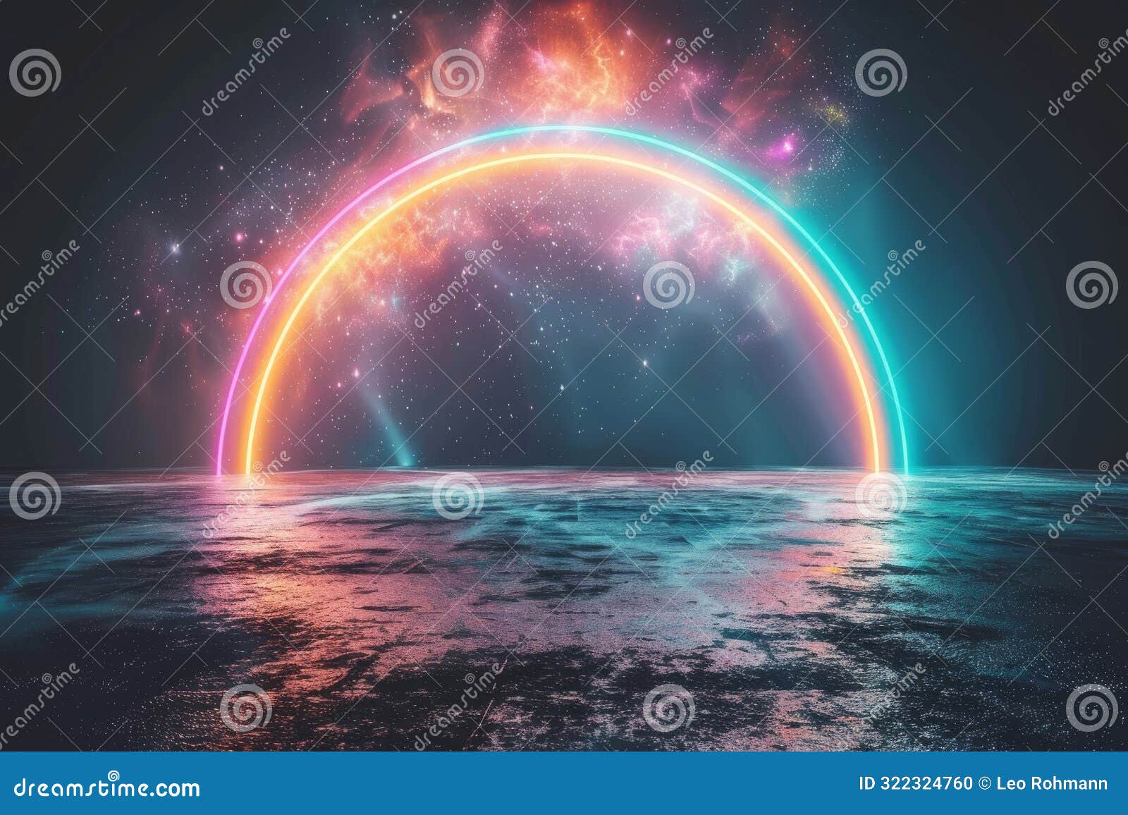 Futuristic Rainbow Light Horizon Over Water, Creating a Mesmerizing and ...