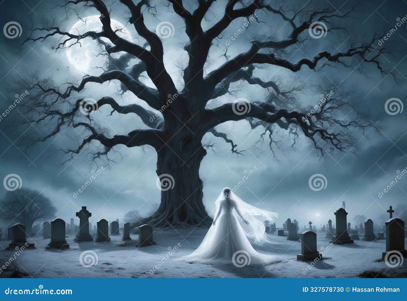 A Ghostly Bride and Groom in a Moonlit Graveyard Stock Illustration ...
