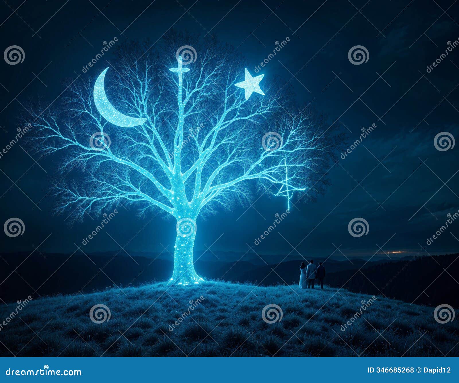 A Glowing Treee with Branches and Glowing Various Religious Symbols on ...