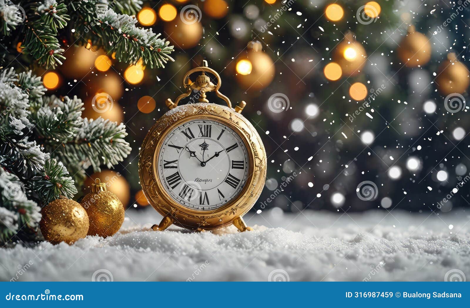 A Clock is Sitting on the Snow Next To a Christmas Tree. Stock ...