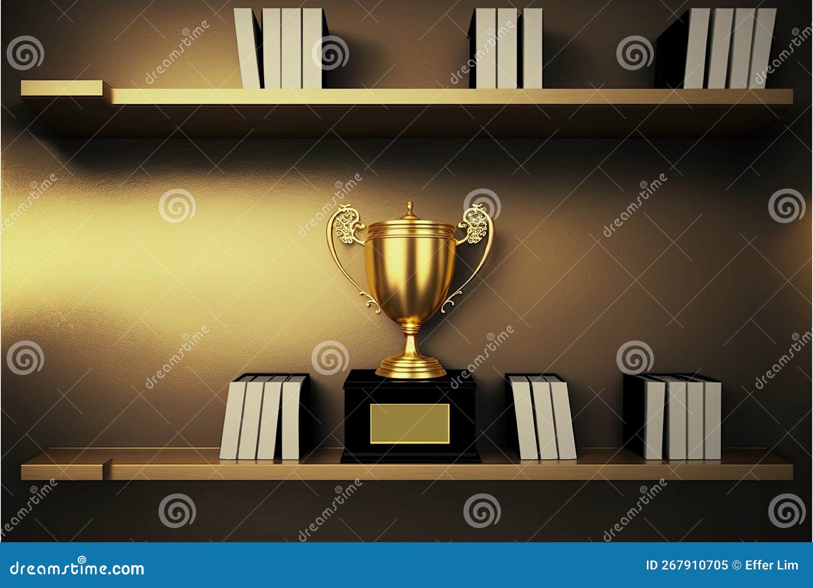 Ai Generated Gold Colored Trophy on Book Shelf Stock Illustration ...