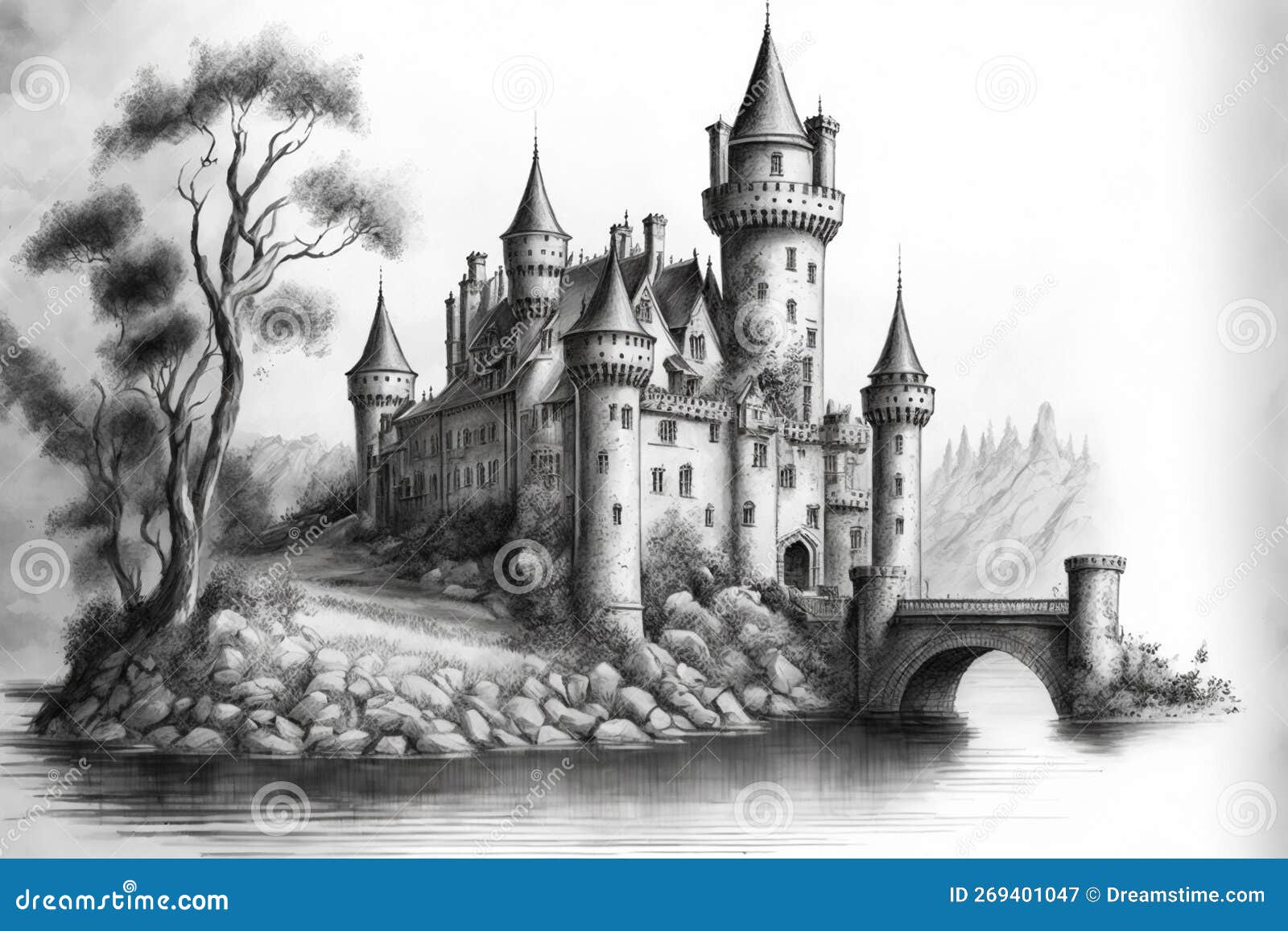 AI-generated Grayscale Illustration of a Medieval Palace by the River ...