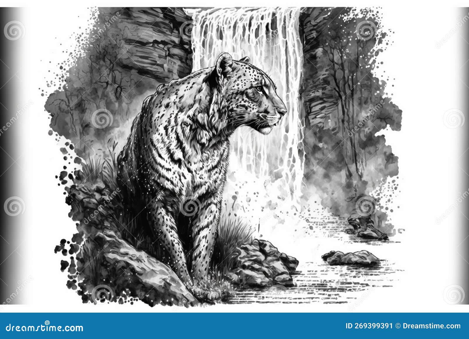 AI-generated Grayscale Illustration of a Panther Resting before the ...