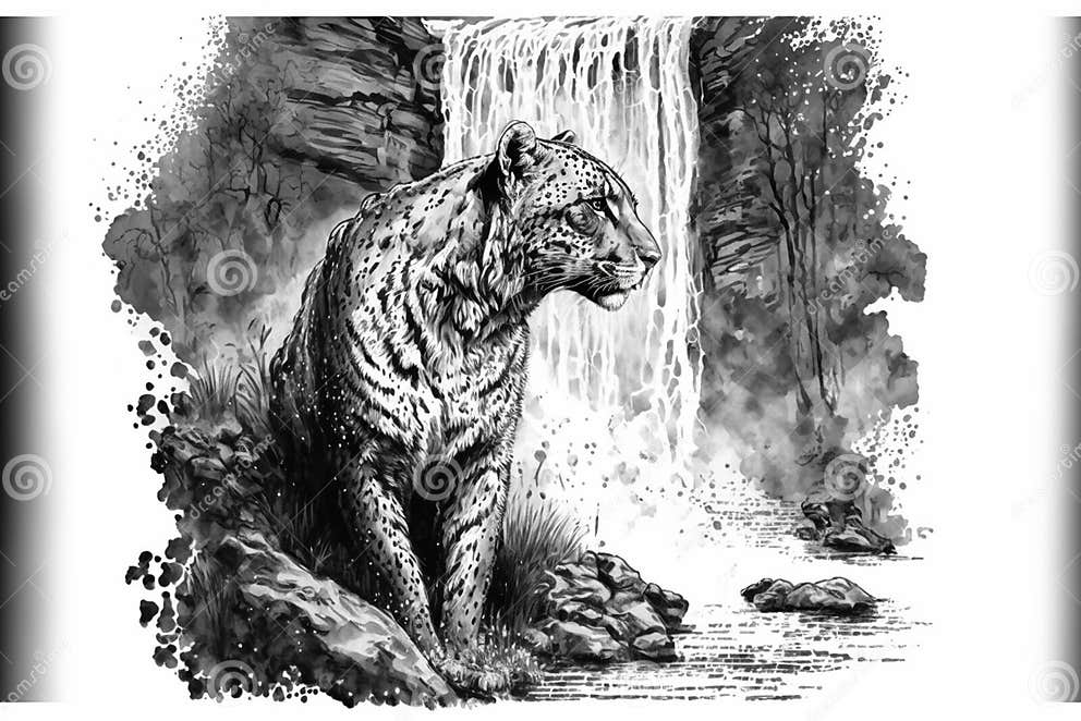 AI-generated Grayscale Illustration of a Panther Resting before the ...