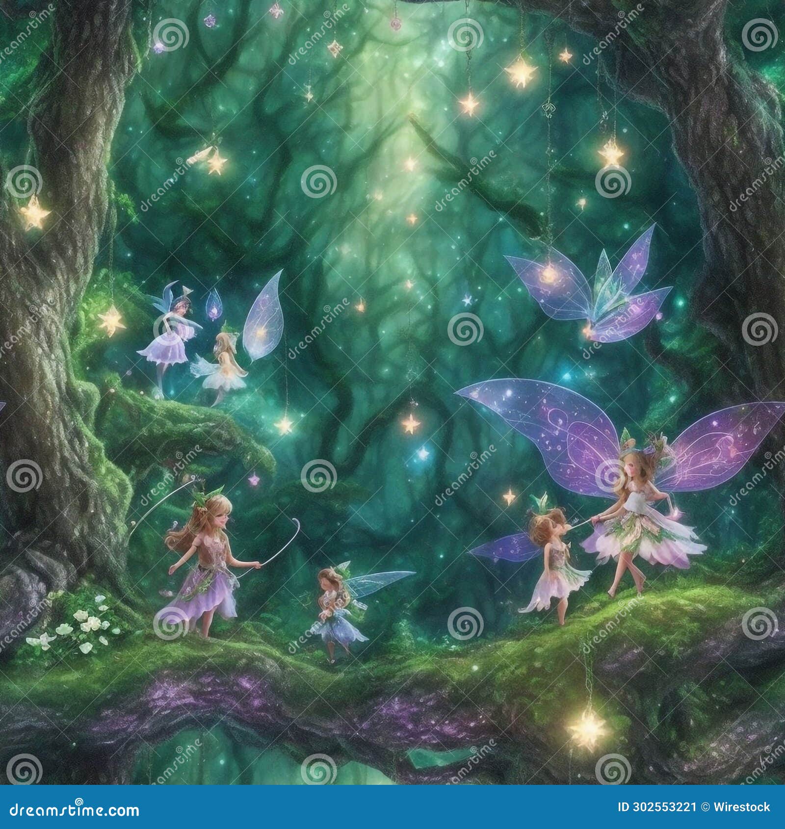 AI Generated Group of Fairies Flying in Forest Stock Illustration ...