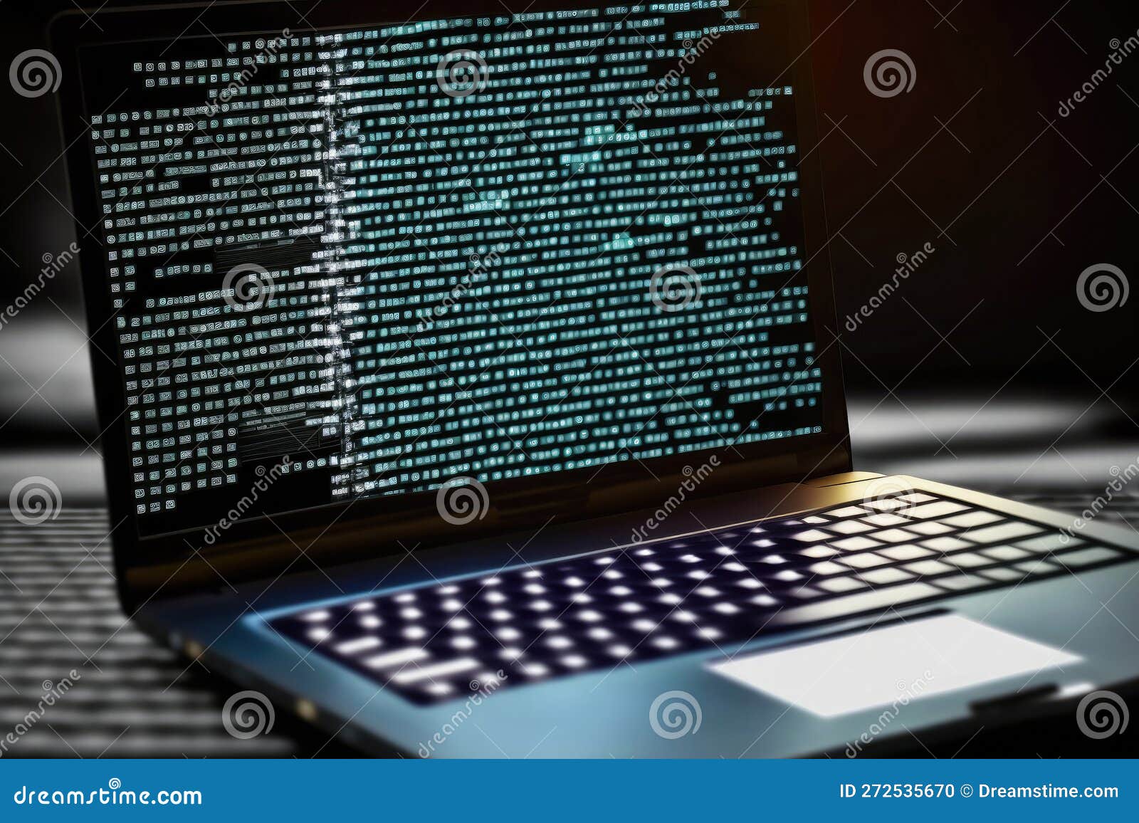 AI Generated Hacker Laptop with Binary Computer Code Internet and Network Security Stock ...