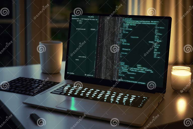 AI Generated Hacker Laptop with Binary Computer Code Internet and Network Security Stock ...