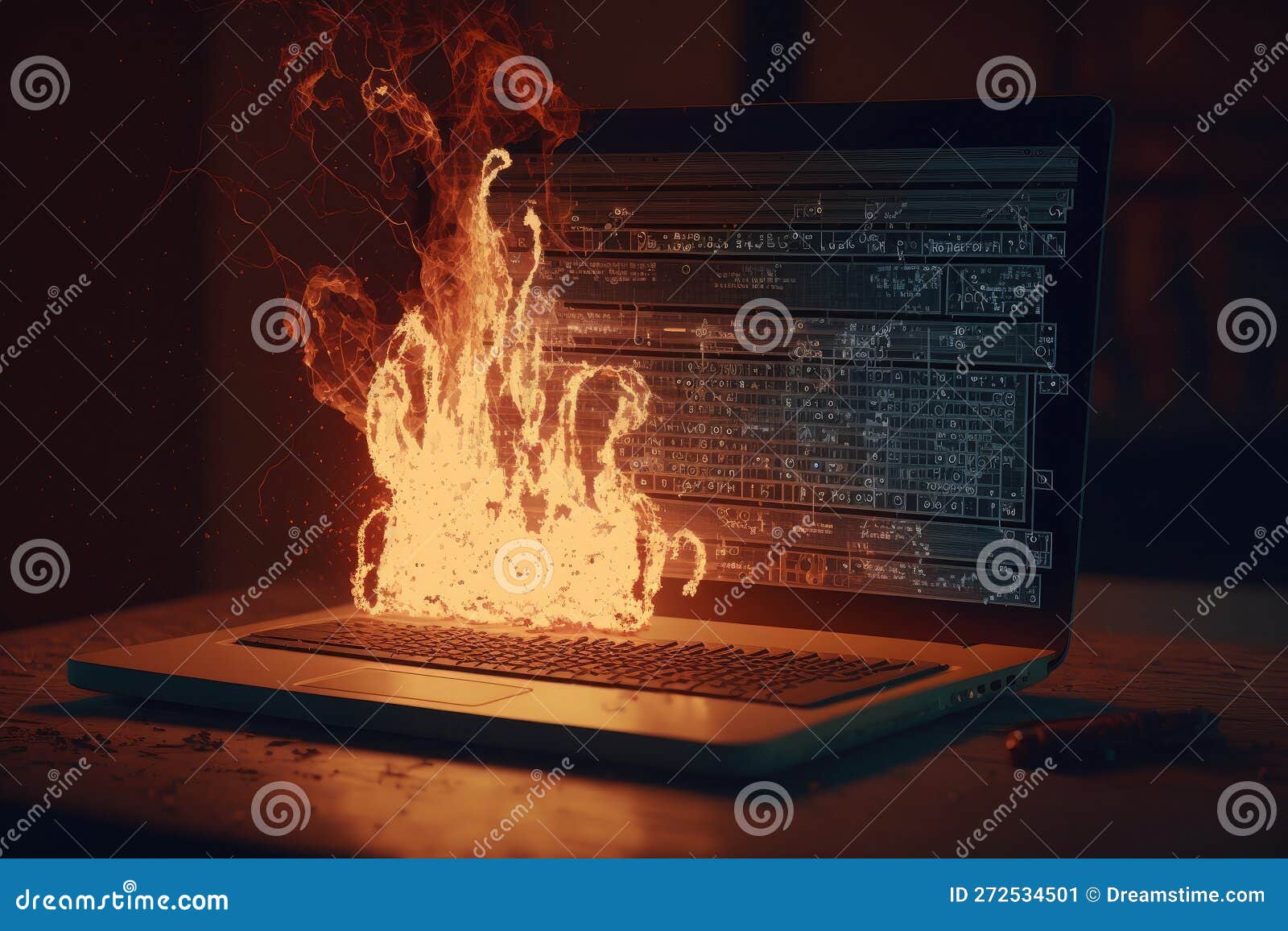 AI Generated Hacker Laptop with Fire Binary Computer Code Internet and ...