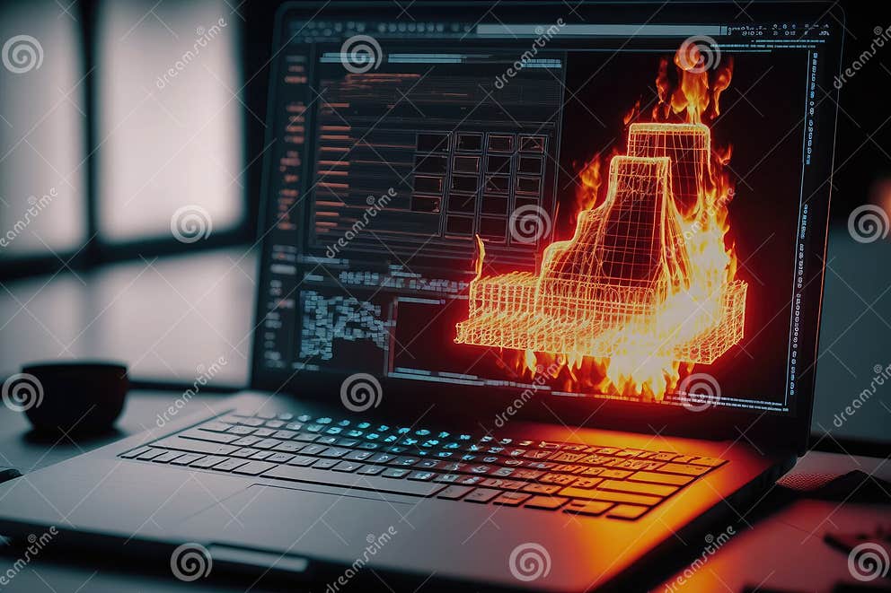 AI Generated Hacker Laptop with Fire Binary Computer Code Internet and ...