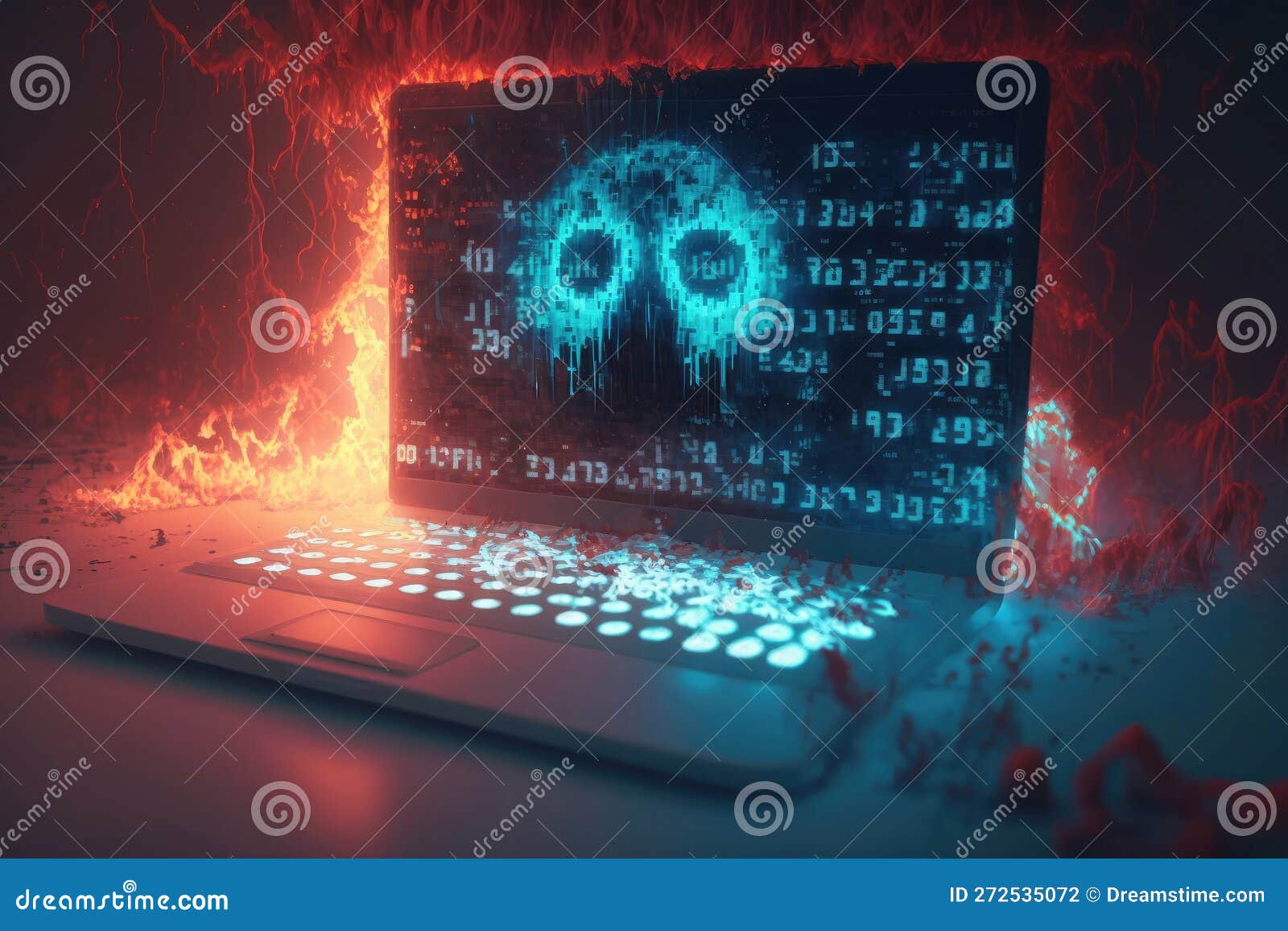AI Generated Hacker Laptop with Fire Binary Computer Code Internet and ...