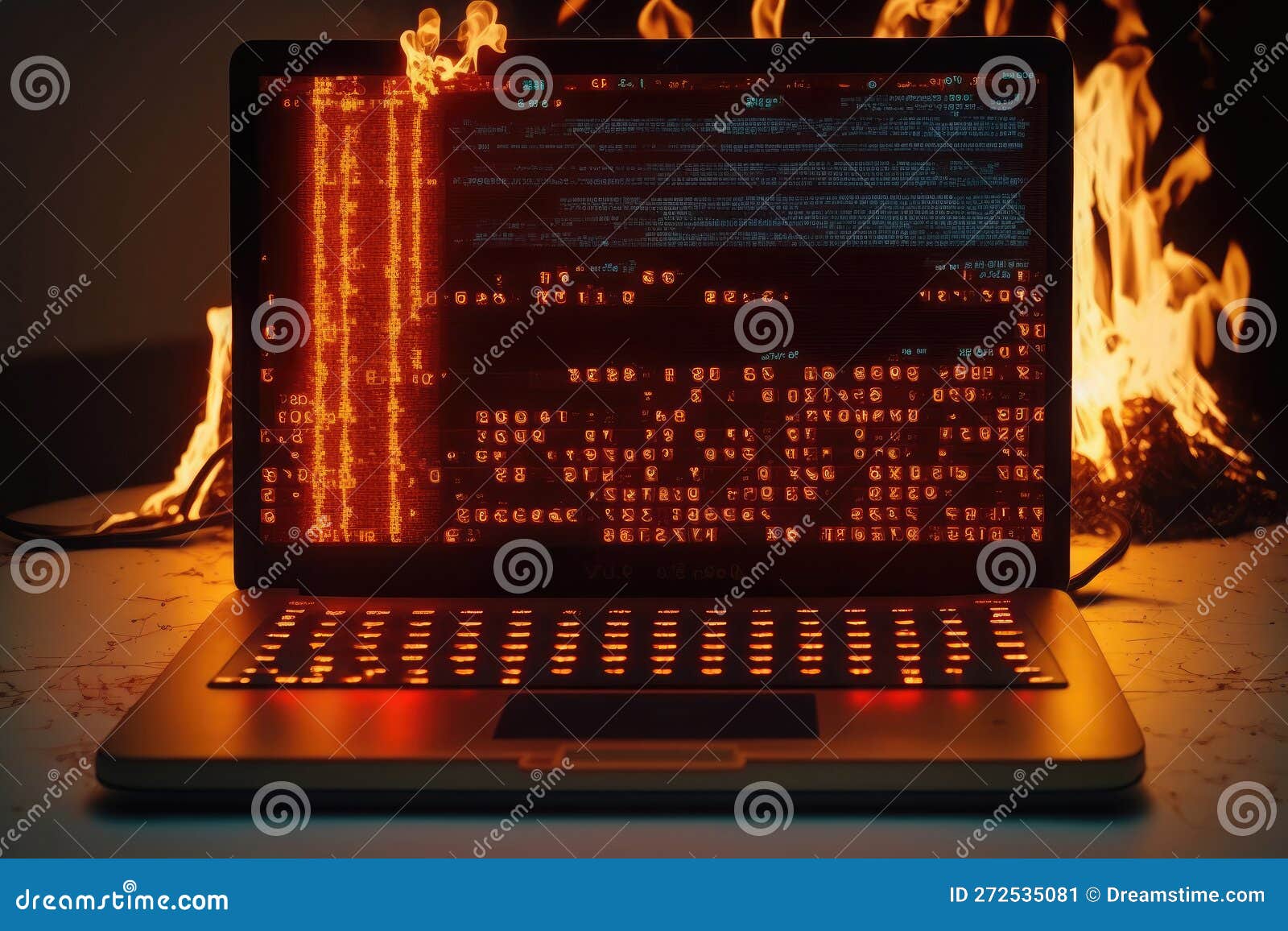 AI Generated Hacker Laptop with Fire Binary Computer Code Internet and Network Security Stock ...