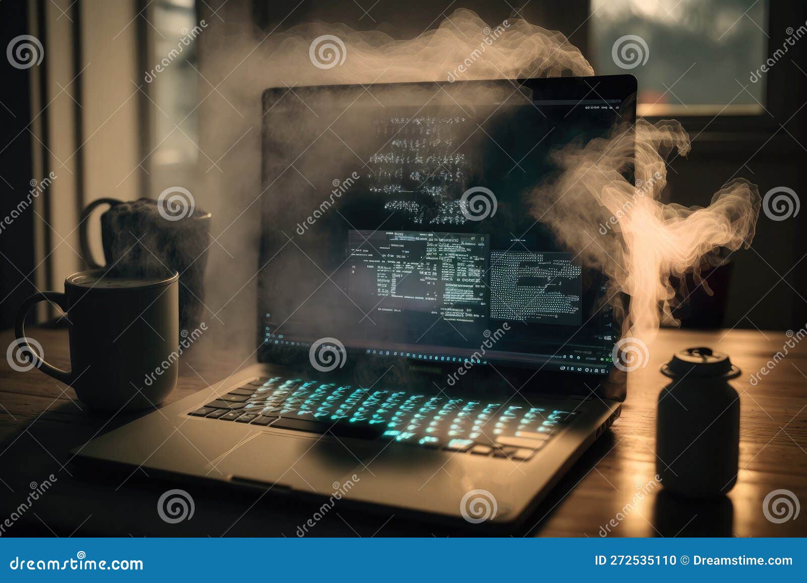 Ai Generated Hacker Laptop With Fire Binary Computer Code Internet And Network Security Stock