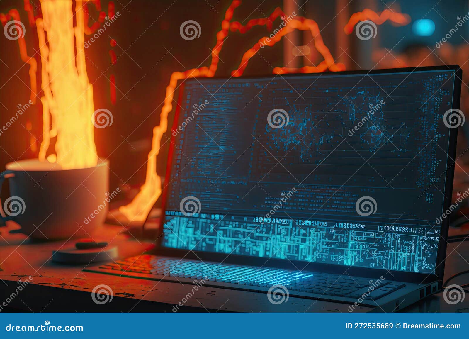 AI Generated Hacker Laptop with Fire Binary Computer Code Internet and Network Security Stock ...