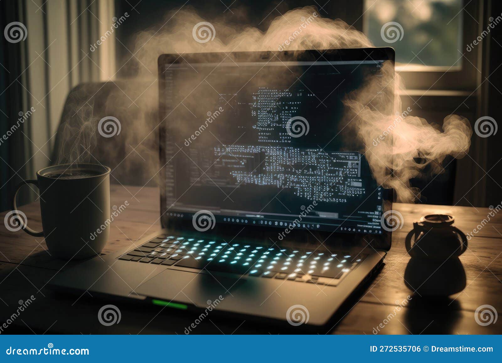 AI Generated Hacker Laptop with Fire Binary Computer Code Internet and ...