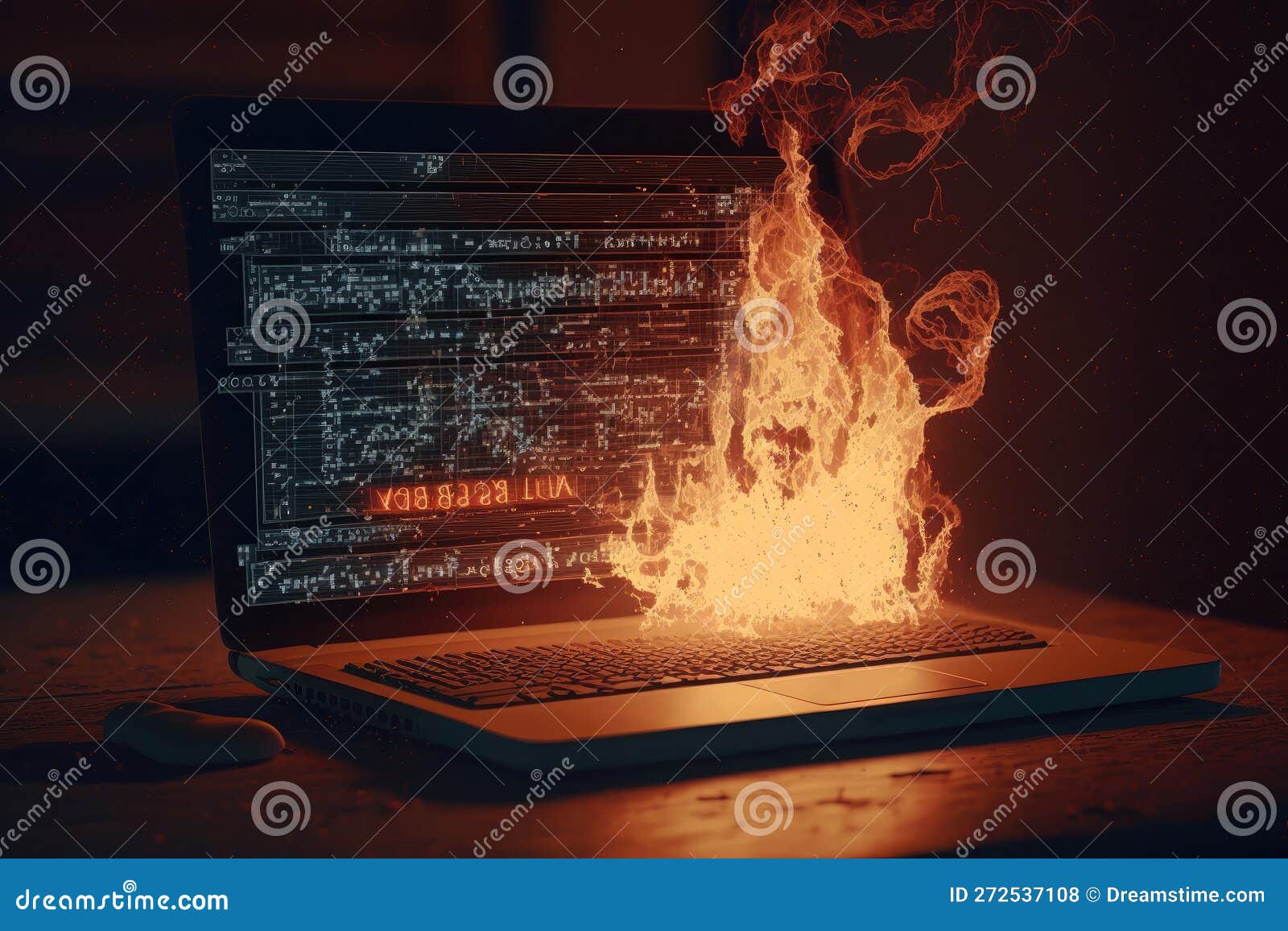 AI Generated Hacker Laptop with Fire Binary Computer Code Internet and Network Security Stock ...