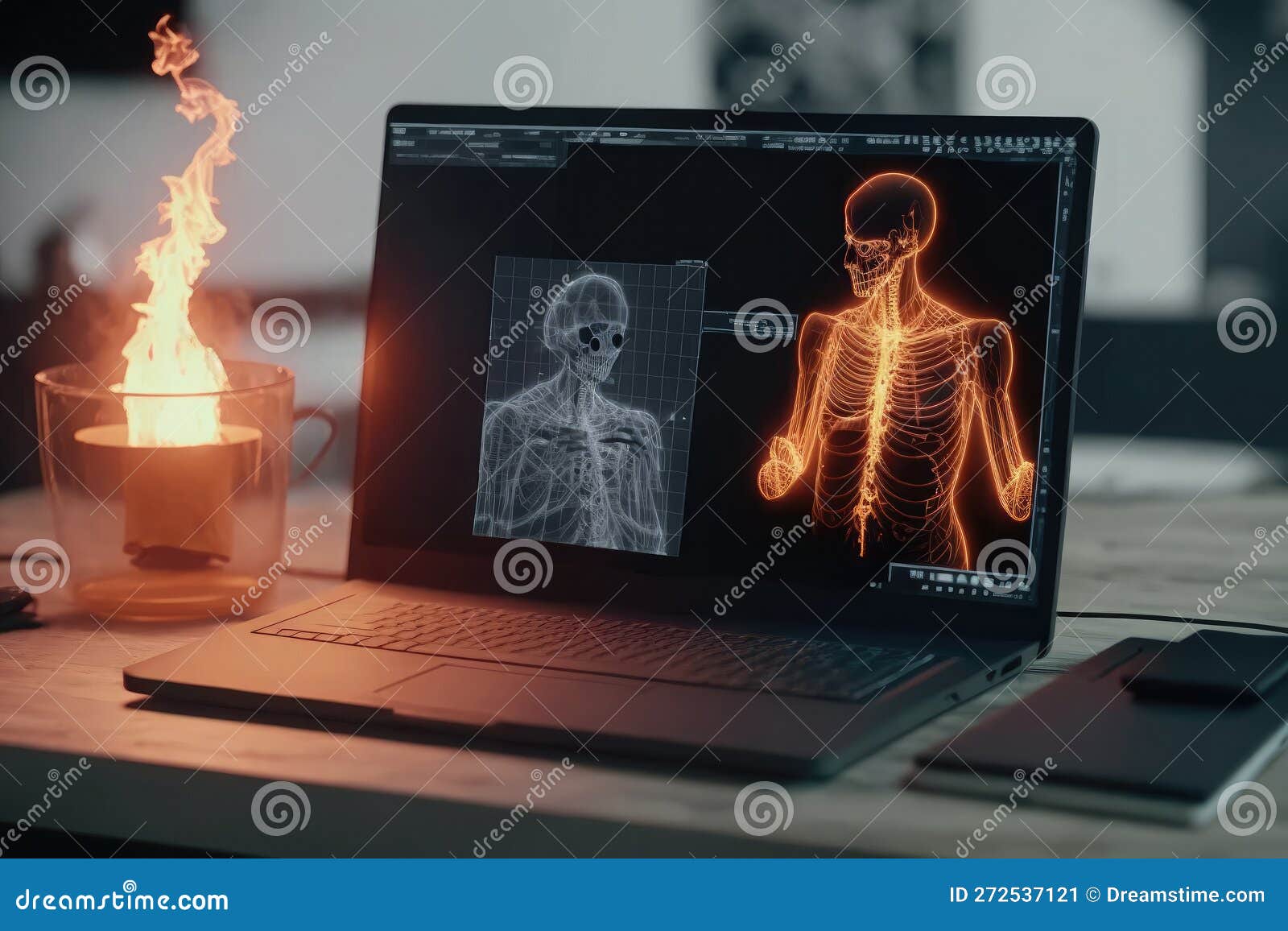 AI Generated Hacker Laptop with Fire Binary Computer Code Internet and ...