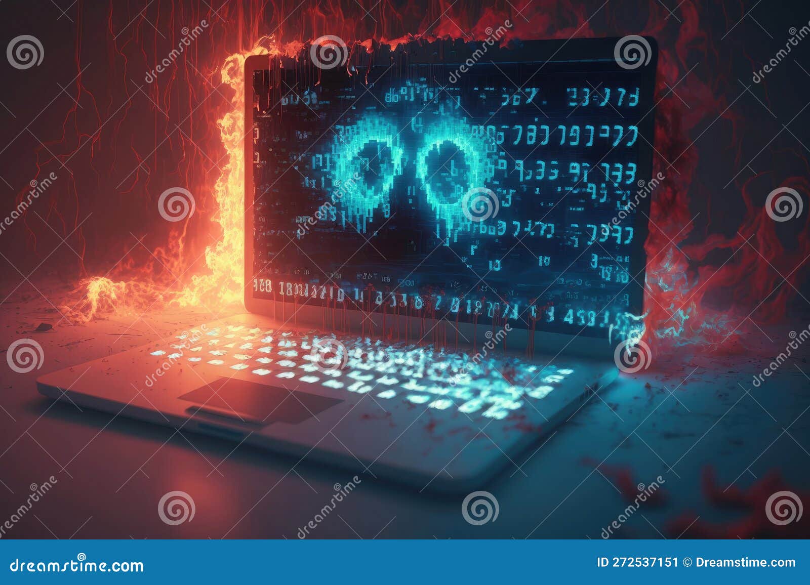 AI Generated Hacker Laptop with Fire Binary Computer Code Internet and Network Security Stock ...