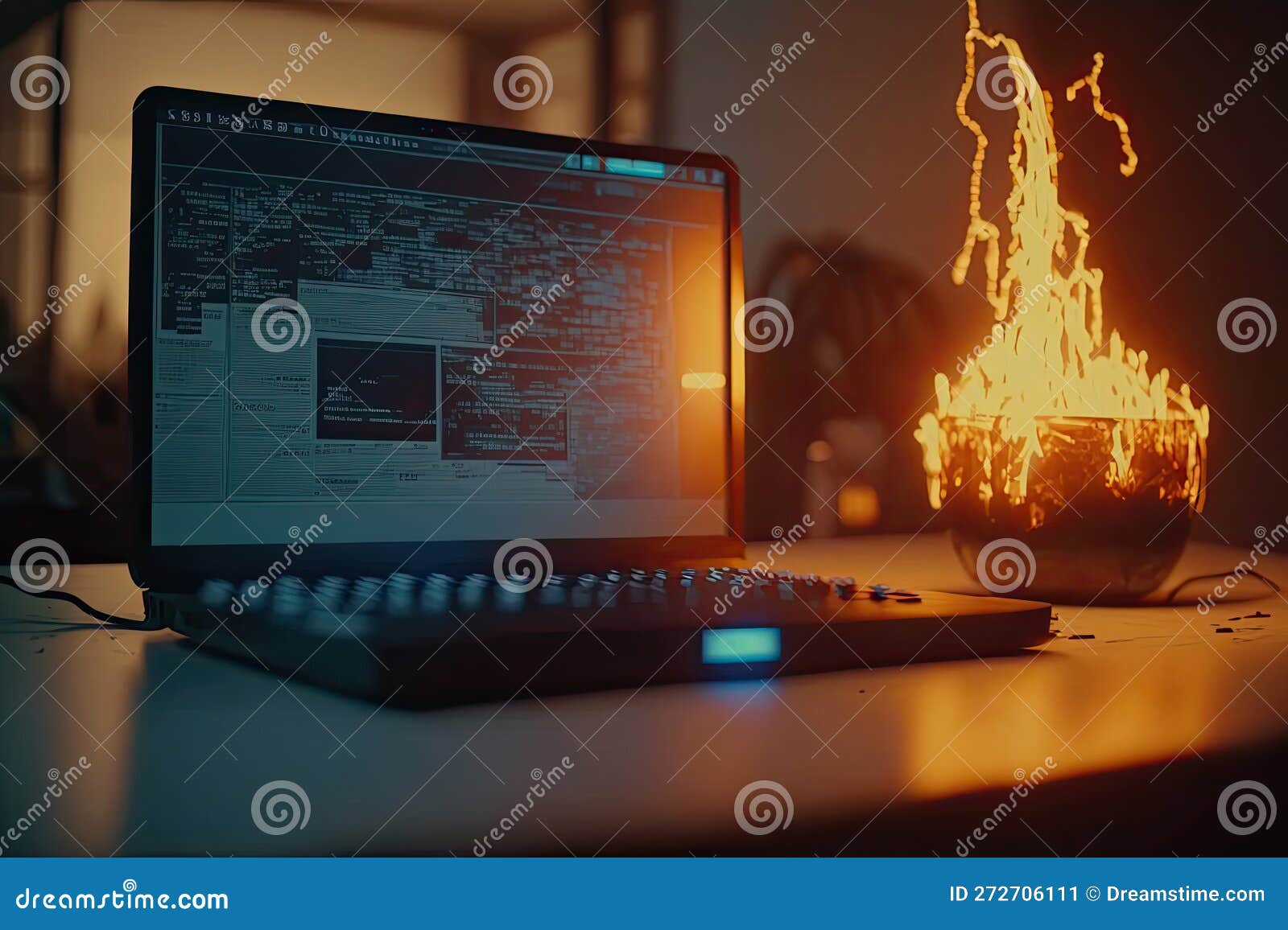 AI Generated Hacker Laptop with Fire Binary Computer Code Internet and ...
