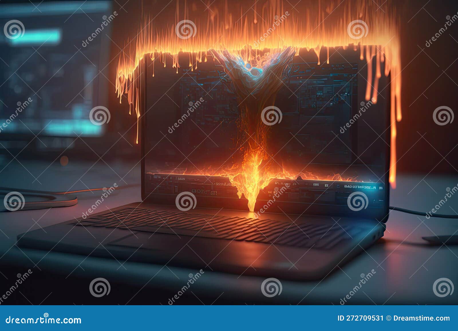 AI Generated Hacker Laptop with Fire Binary Computer Code Internet and ...