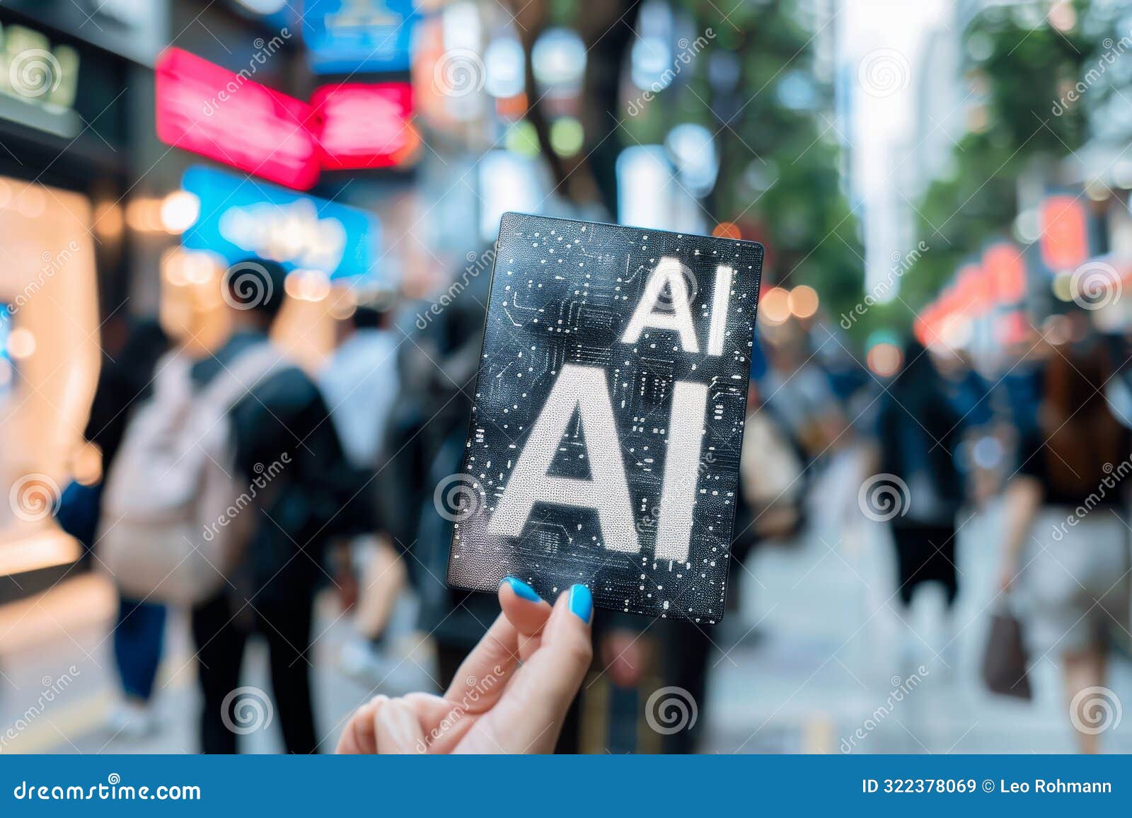 Hand Holding AI Symbol in Bustling City Street, Representing the ...