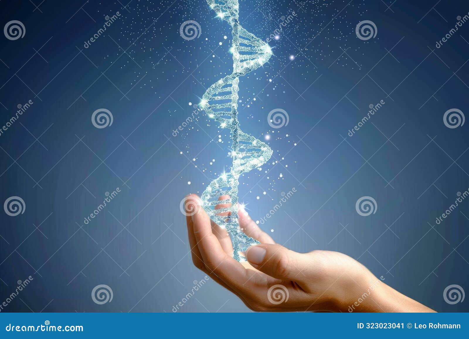 Hand Presenting a Glowing DNA Strand, Futuristic Theme, Blue Gradient ...