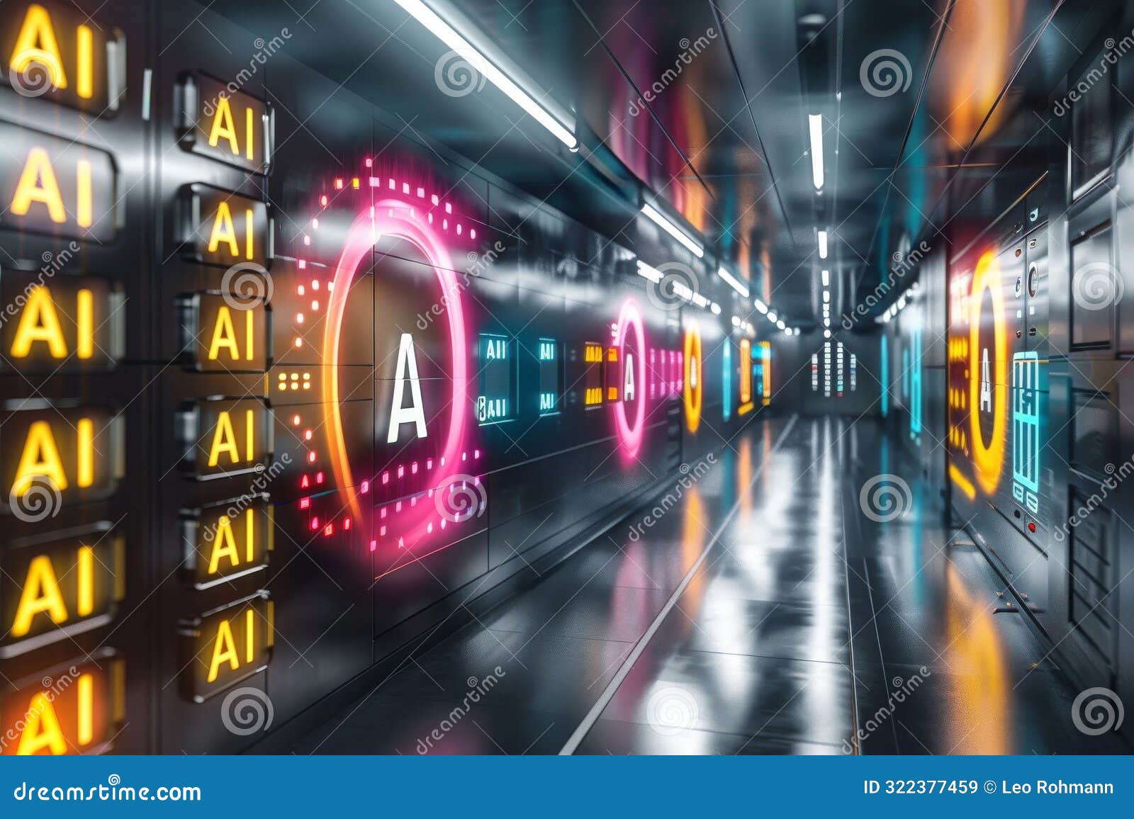 High Tech AI Corridor with Glowing Signs, Illustrating Advanced ...