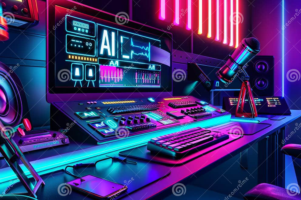 High Tech AI Workspace with Neon Lights, Digital Control Center ...